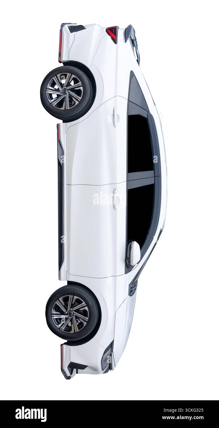 Right side view of white sports sedan car in vertical is isolated with ...
