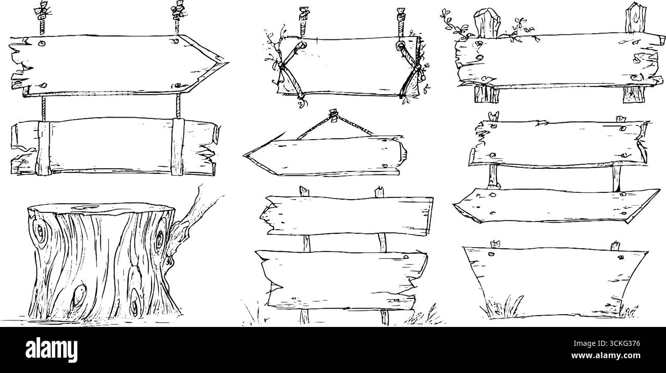 Hand drawn decorative wooden plank boards set for rustic design ...
