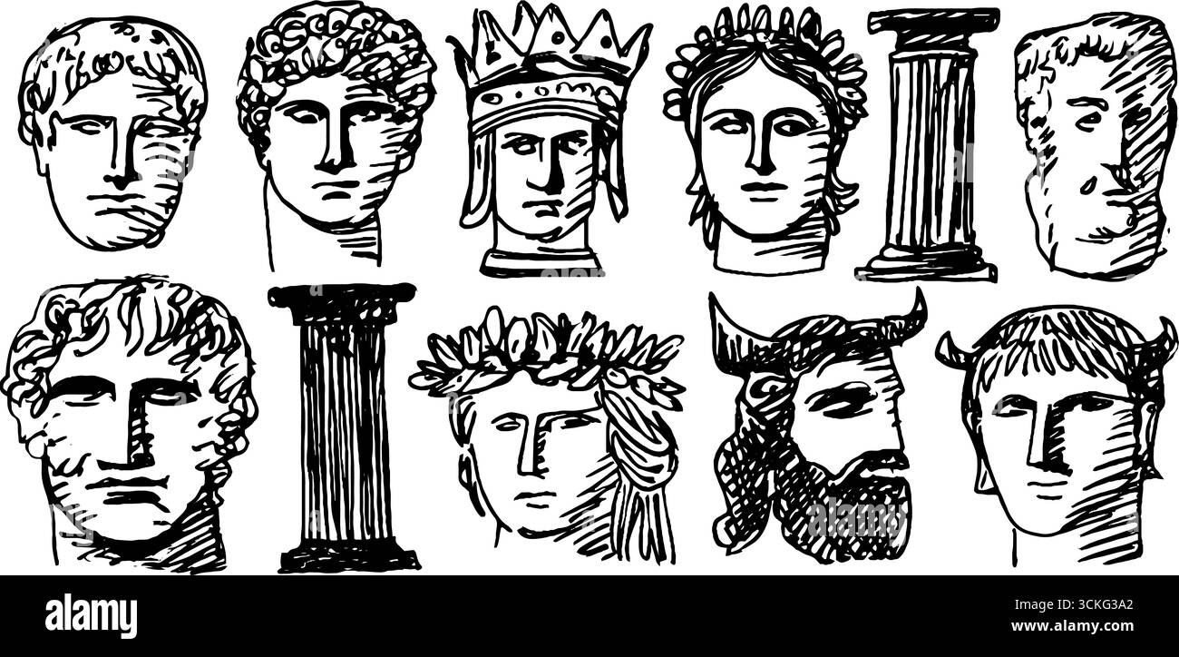 Artistic collection of hand drawn roman and greek busts with decorative ...