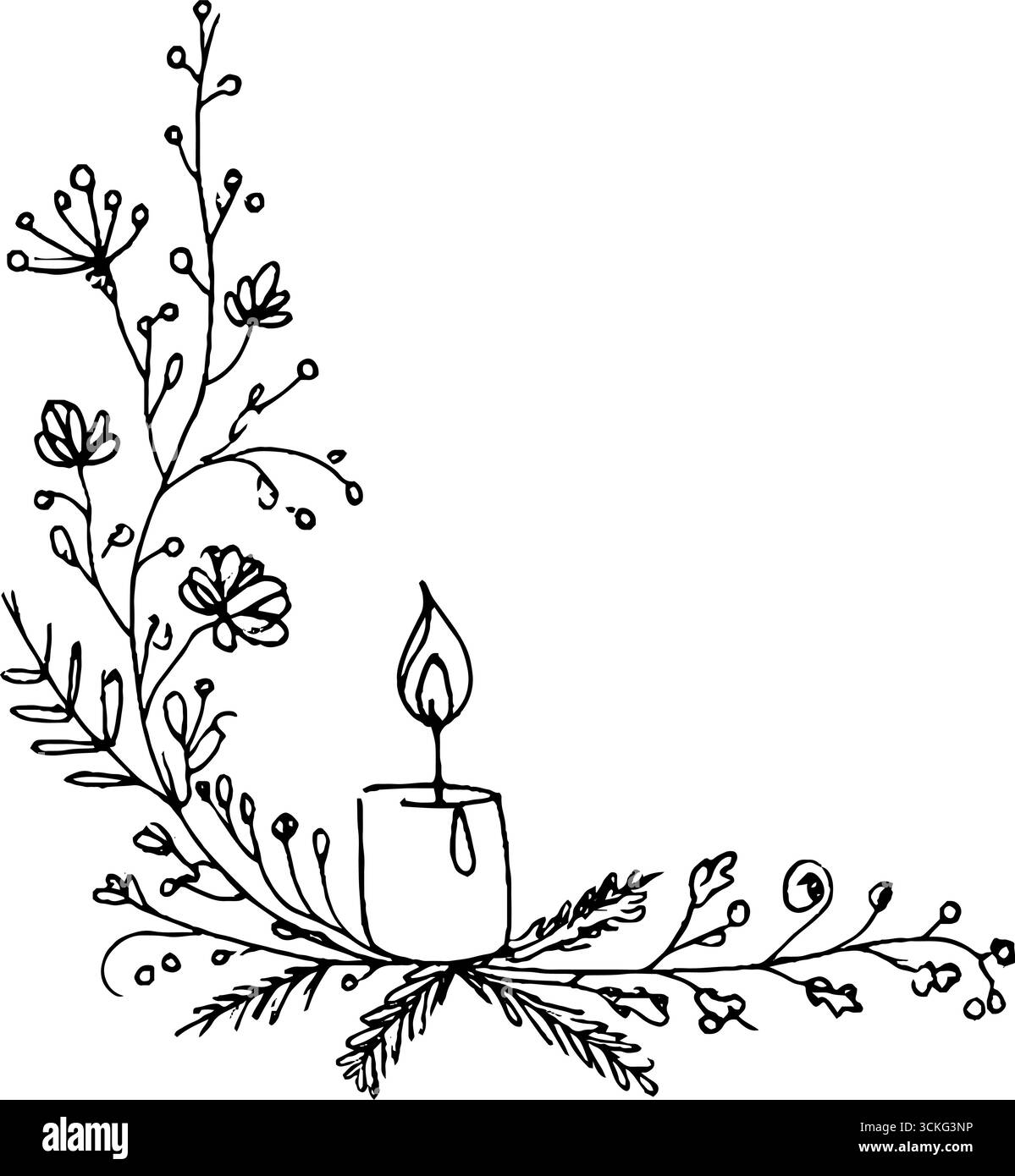 Hand-drawn doodle candle corner with floral curl design for decoration ...