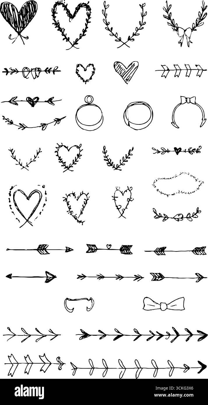 Hand drawn decorative hearts and arrow designs for valentine crafts and ...