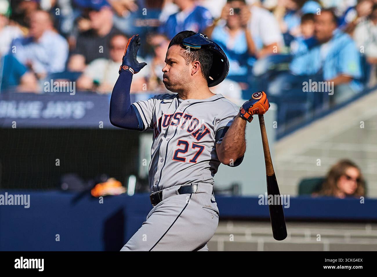 Houston Astros second base Jose Altuve (27) reacts after striking out ...