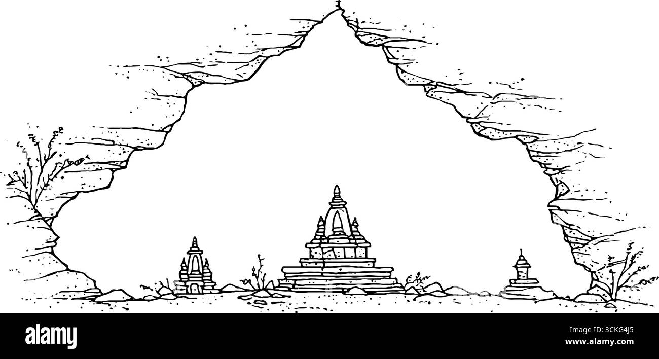 Hand drawn temple in triangular border with cave illustration for art ...