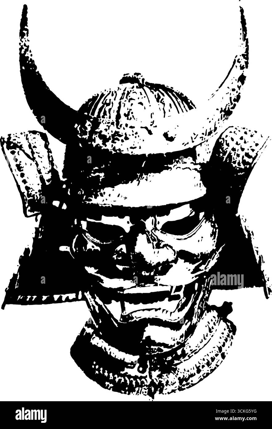 Grunge black and white illustration of samurai helmet for poster design ...