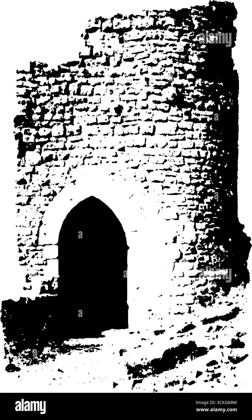 Grunge black and white illustration of medieval castle ruins for ...