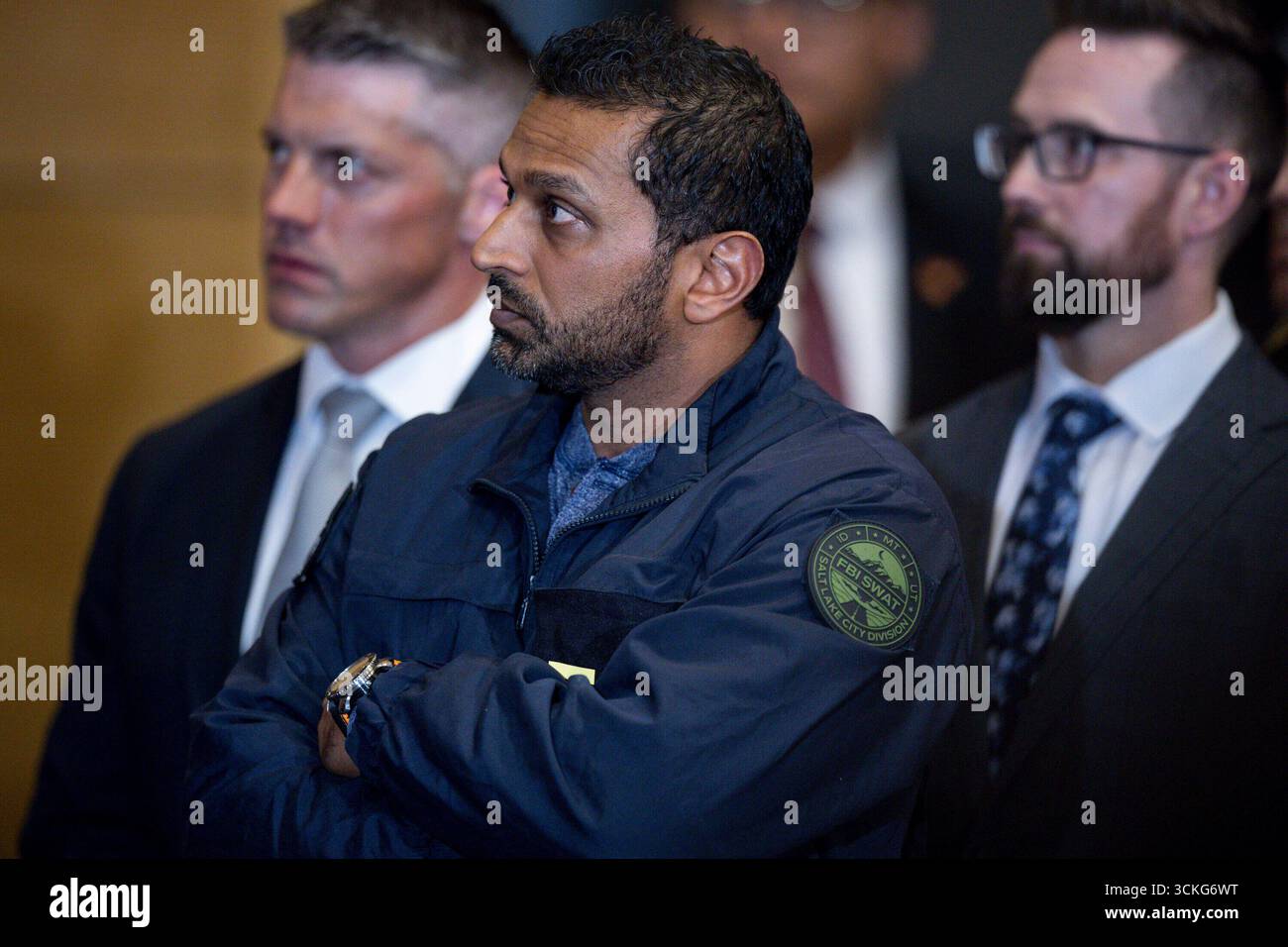 FBI Director Kash Patel looks on during a press conference about the ...