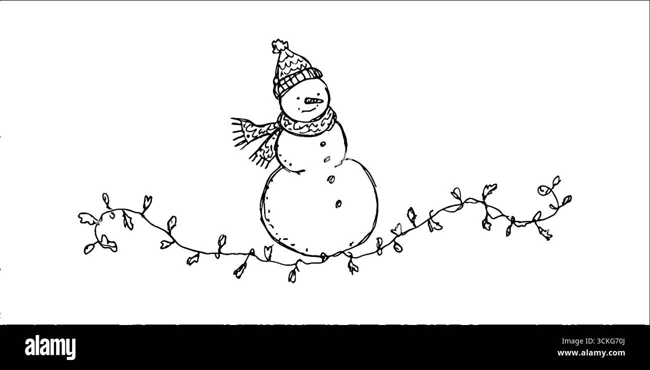 Hand drawn doodle of snowman with winter scarf and hat in a corner curl ...