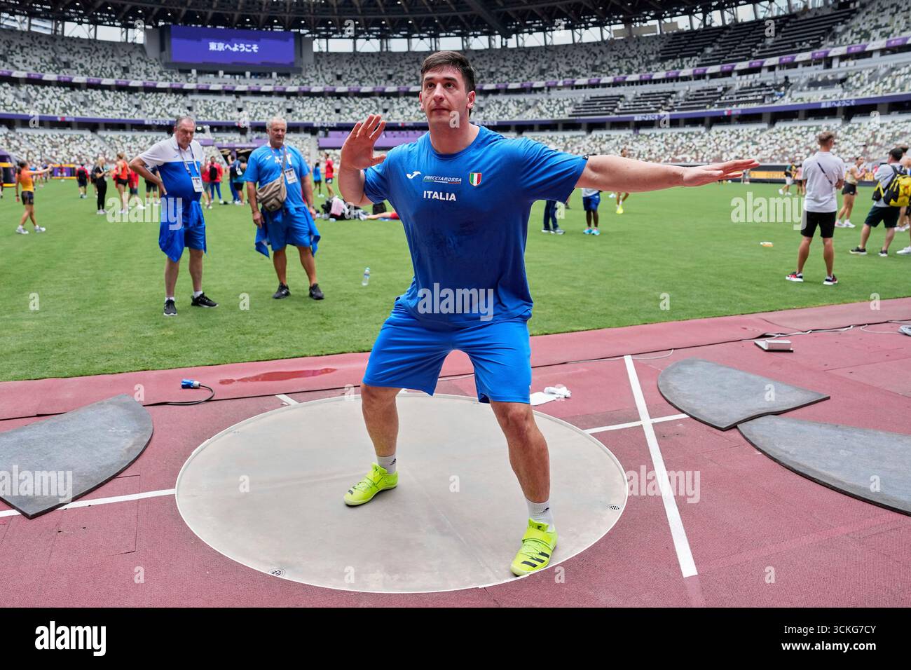 Italy's Leonardo Fabbri tries out the shot put circle during practice on the eve of the World ...