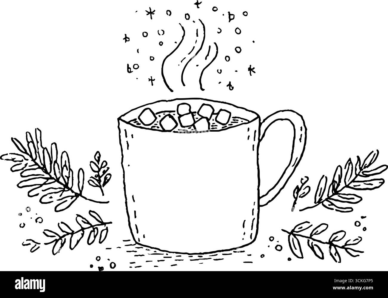 Cozy hot cocoa mug with marshmallows and decorative doodles for winter ...