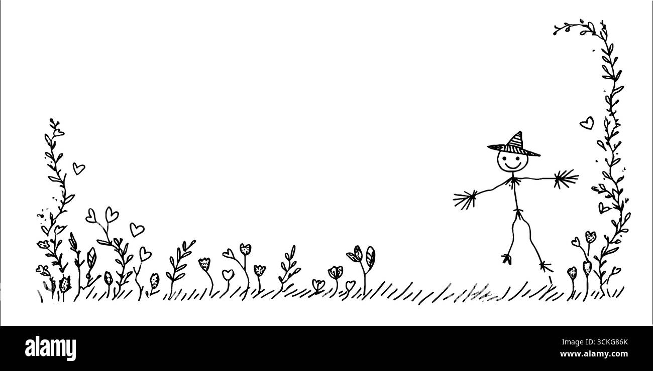 Whimsical hand drawn doodle scene with scarecrow and floral corners ...