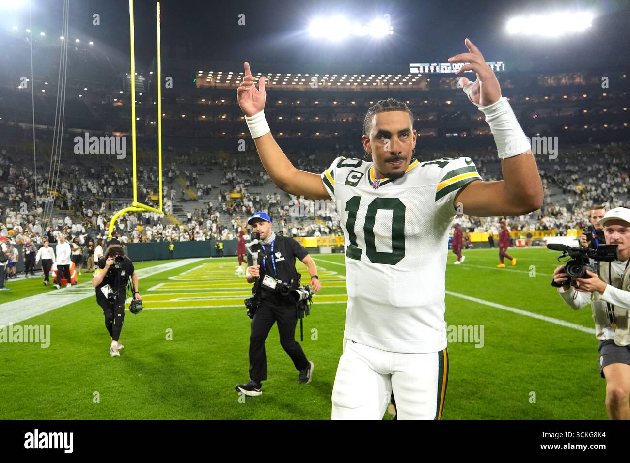 Green Bay Packers quarterback Jordan Love celebrates a victory over the ...
