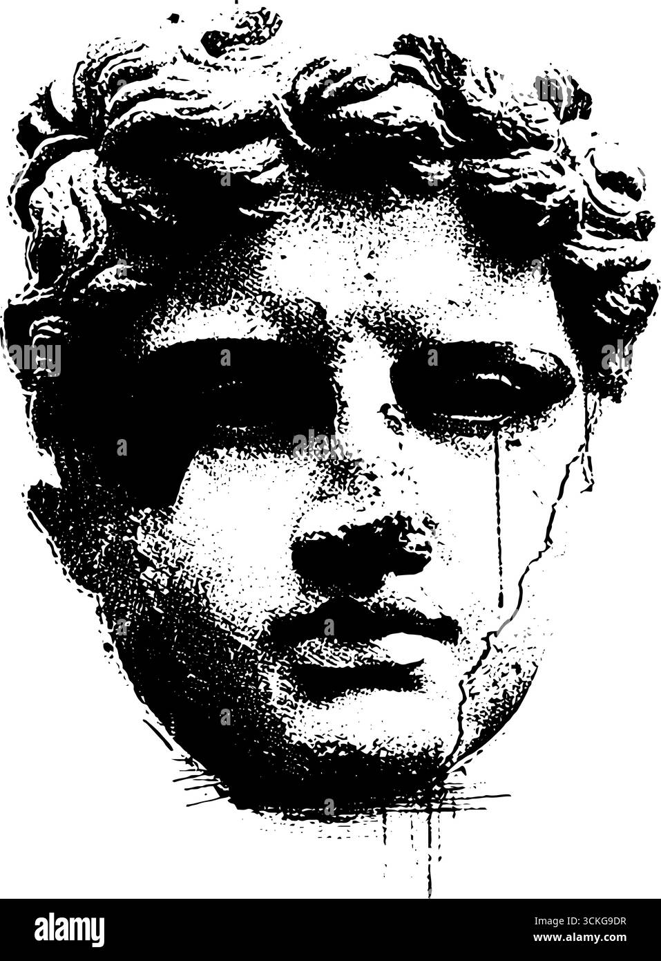 Grunge black and white illustration of broken statue head for artistic ...