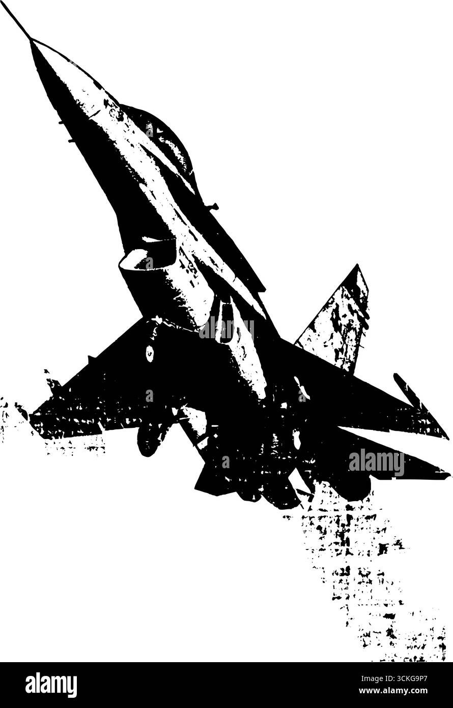 Grunge black and white fighter jet illustration for urban design Stock ...