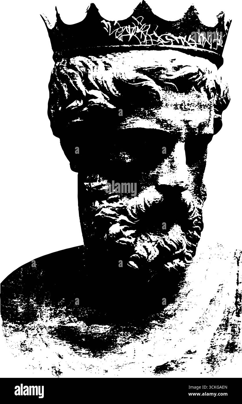 Grunge black and white statue illustration with distressed crown for ...