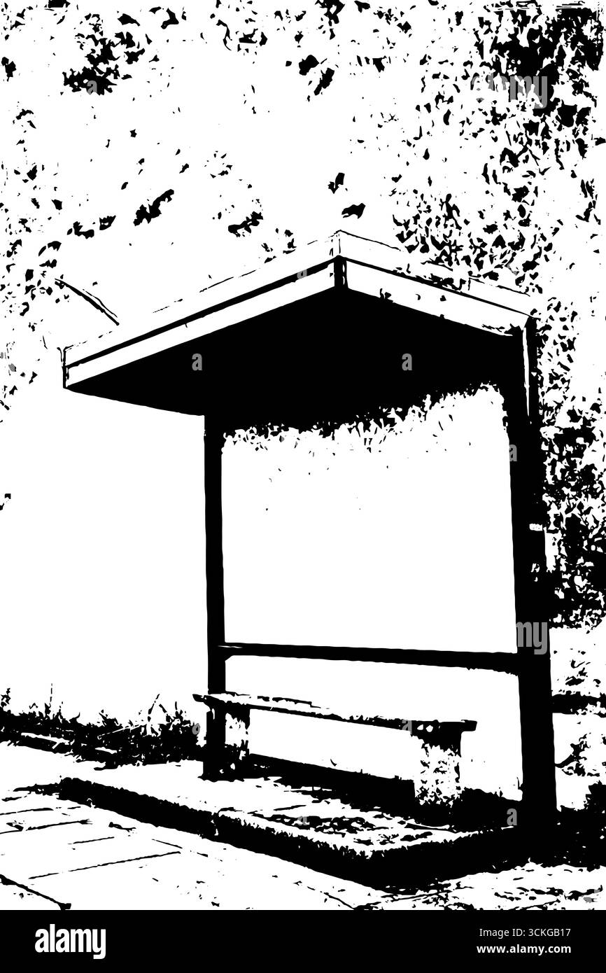 Grunge black and white urban bus stop illustration for design and ...