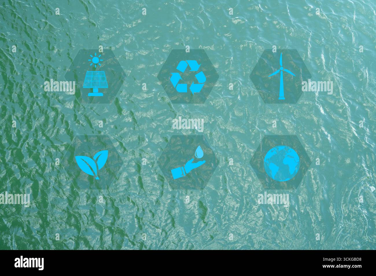 Sustainable energy and renewable power technology icons over natural ...