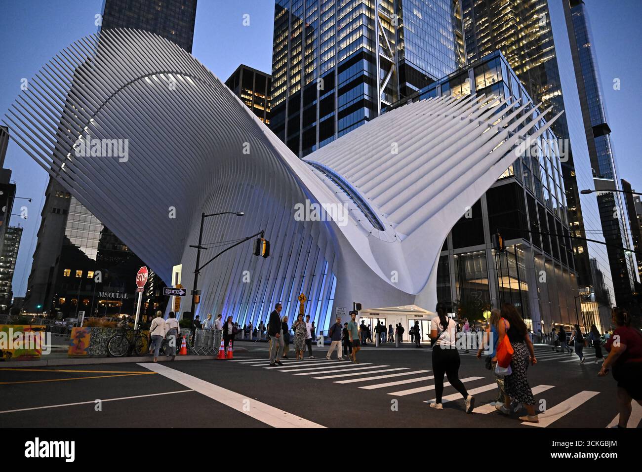 A view of the Oculus shopping center and transportation hub next to the ...