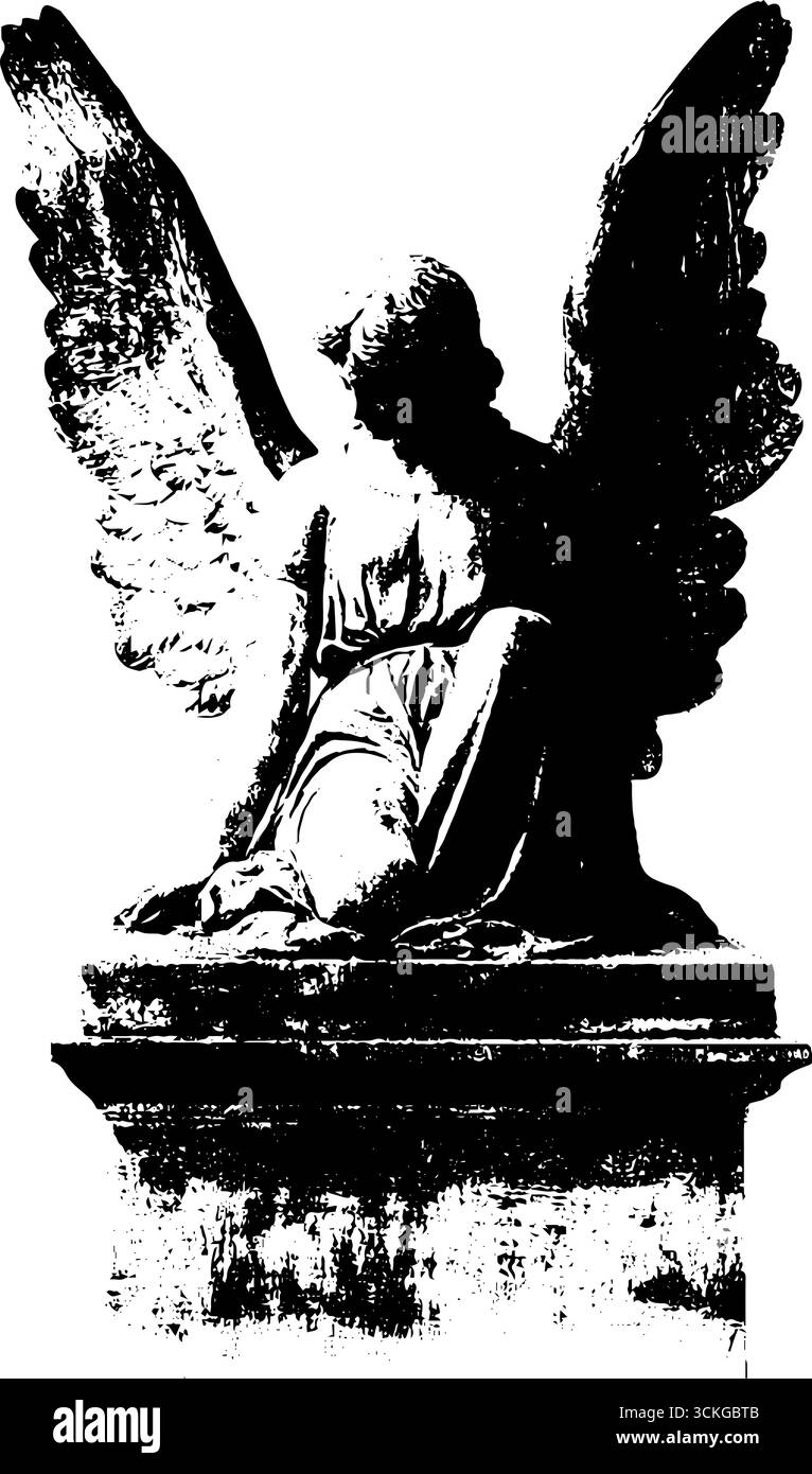 Grunge black and white illustration of fallen angel statue for urban ...
