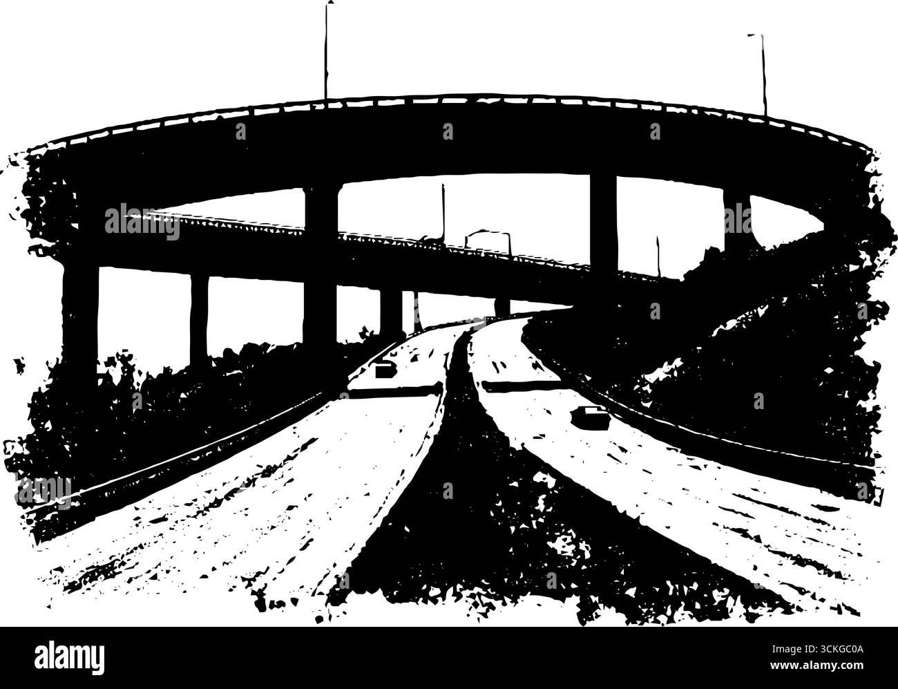 Urban infrastructure silhouette of city overpass in grunge black and ...
