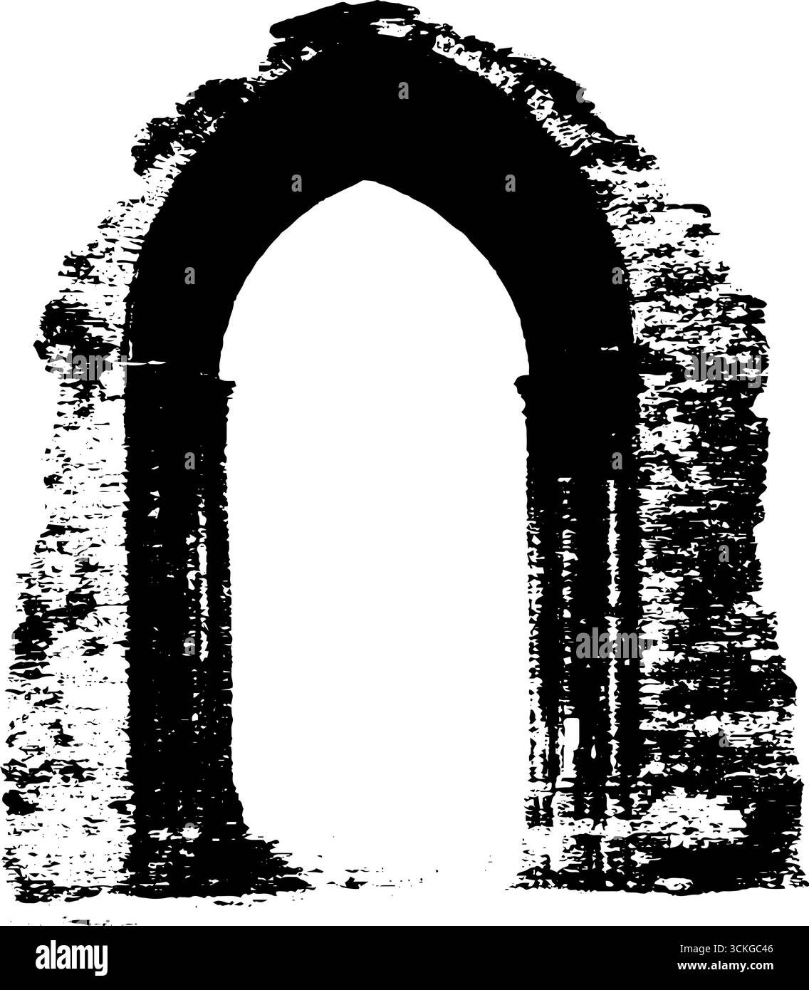 Vintage grunge black and white illustration of cracked gothic arch ...