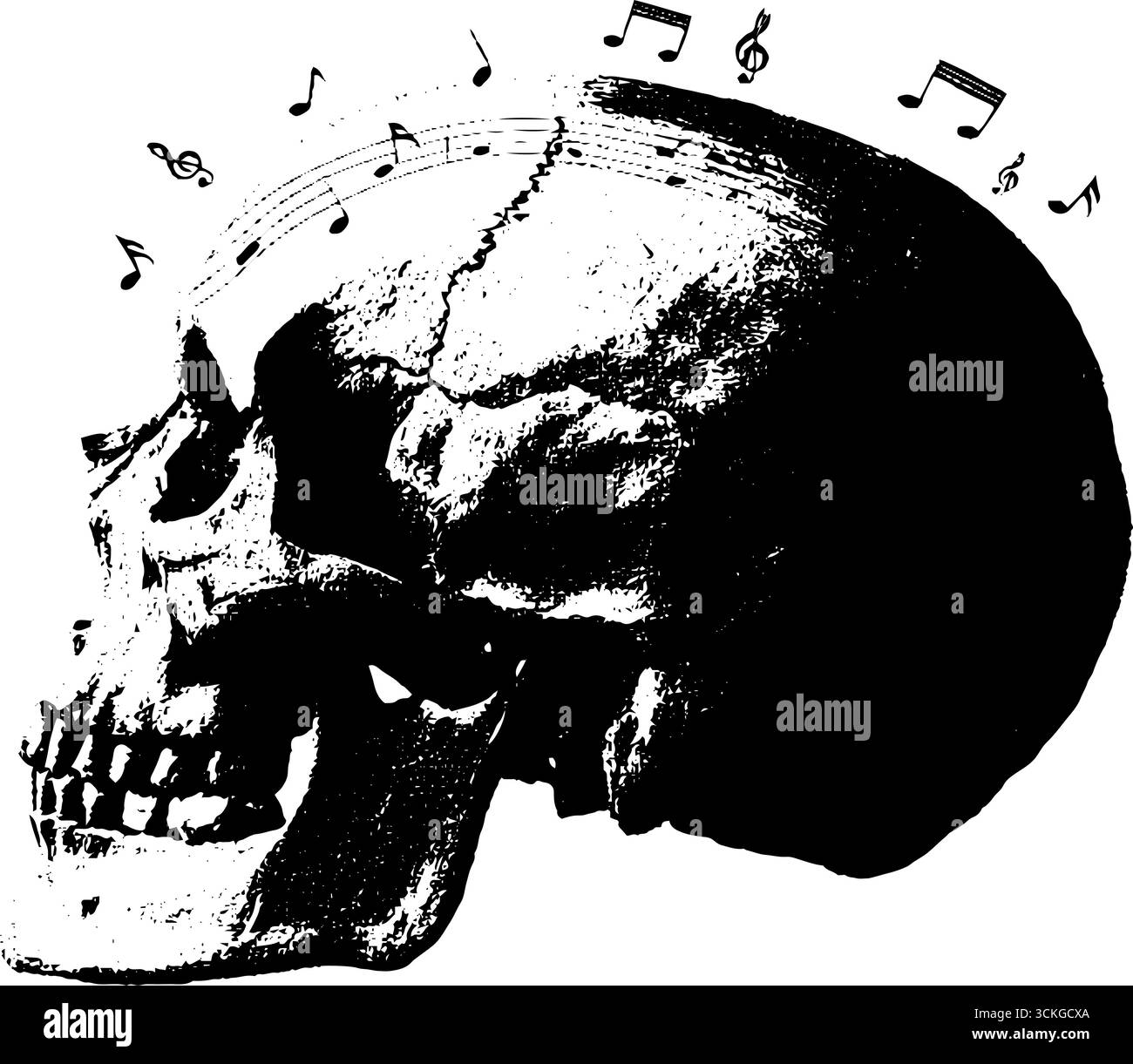 Grunge skull with musical notes in black and white for edgy artwork and ...
