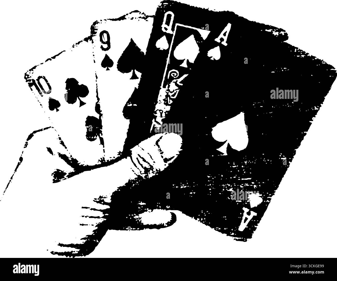 Distressed black and white design of hand holding playing cards for ...