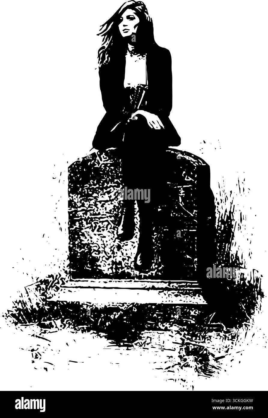Grunge black and white goth girl illustration for urban and vintage ...