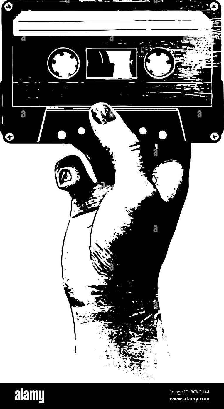 Vintage grunge black and white hand holding cassette tape for retro ...