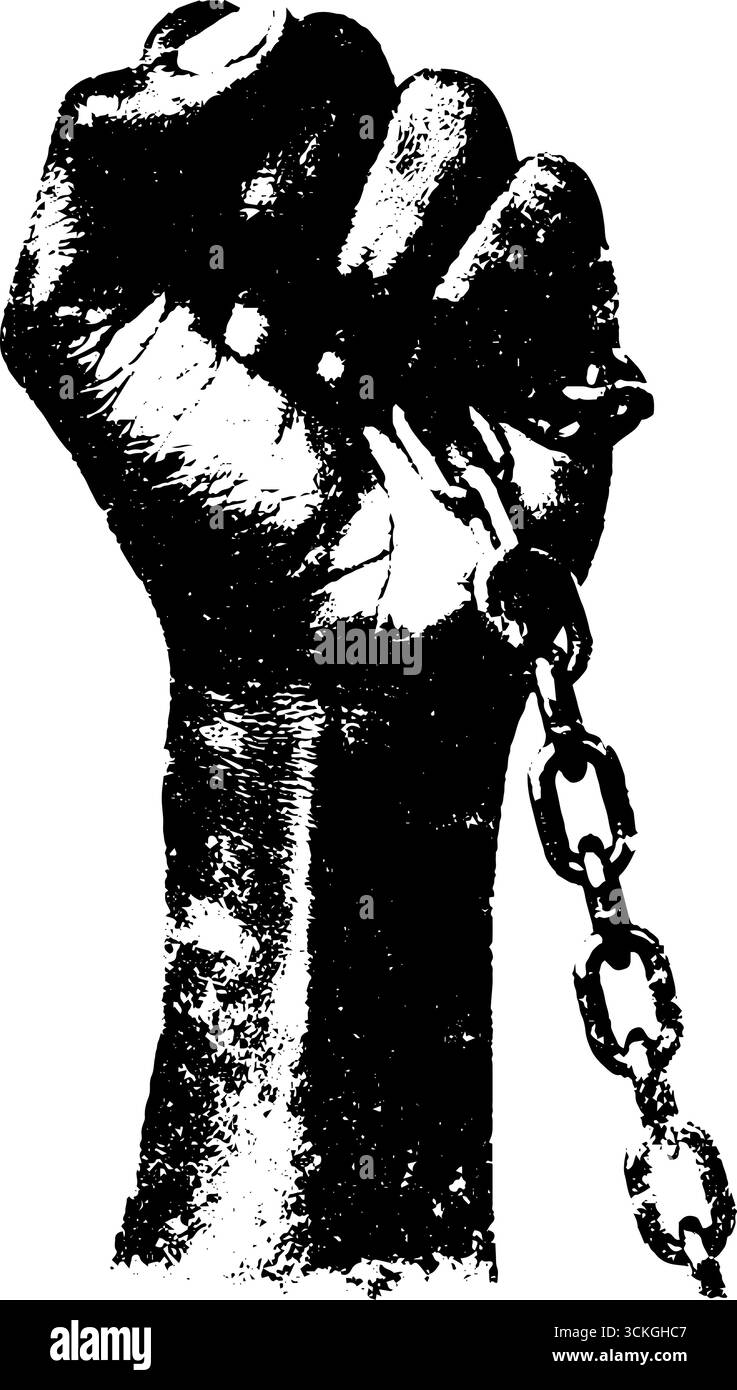 Grunge black and white fist with chains concept for freedom and ...