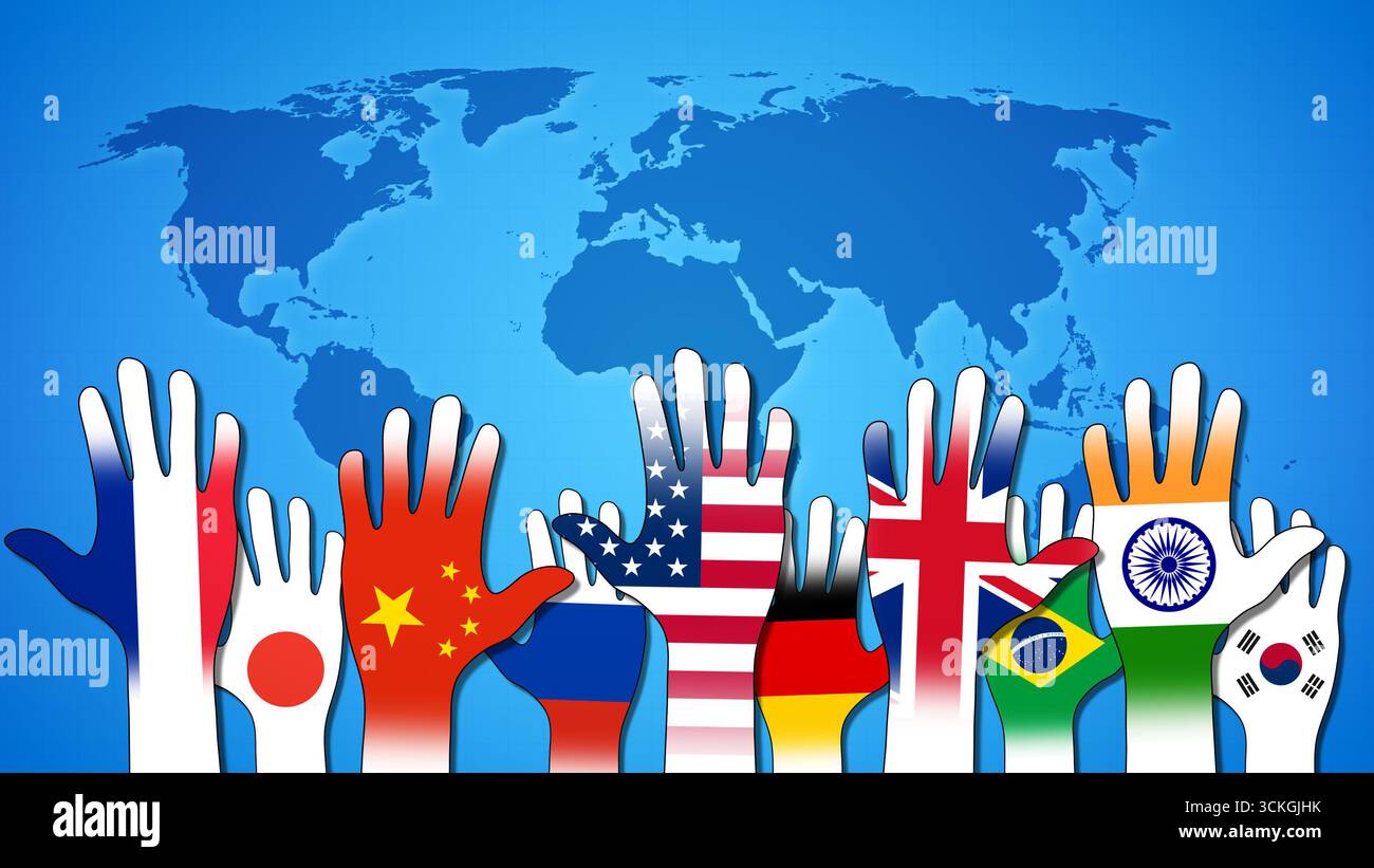 Hands of Nations Waving Together With Global Map Stock Photo - Alamy