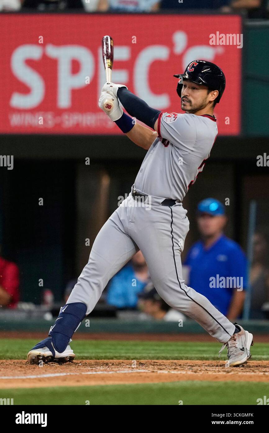 Cleveland Guardians' Steven Kwan follows through on a swing during a baseball game against the ...