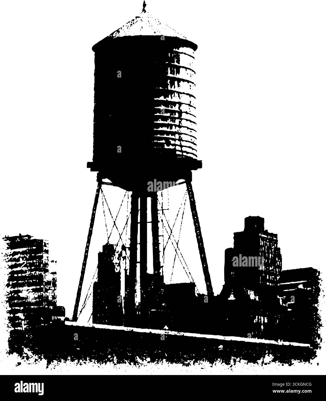 Urban rooftop water tower silhouette with grunge effect for creative ...
