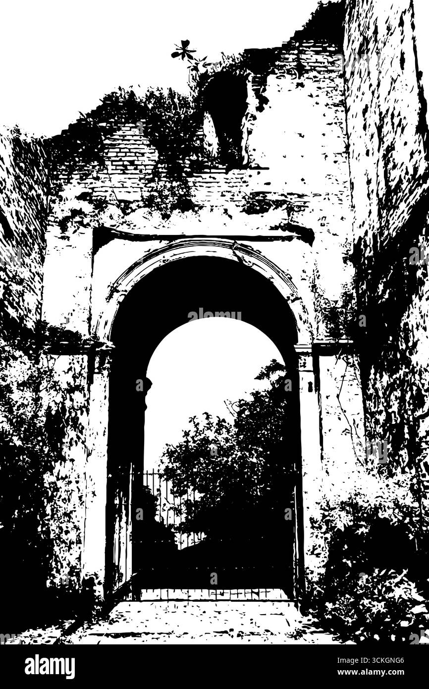 Black and white grunge illustration of ruined stone archway for urban ...