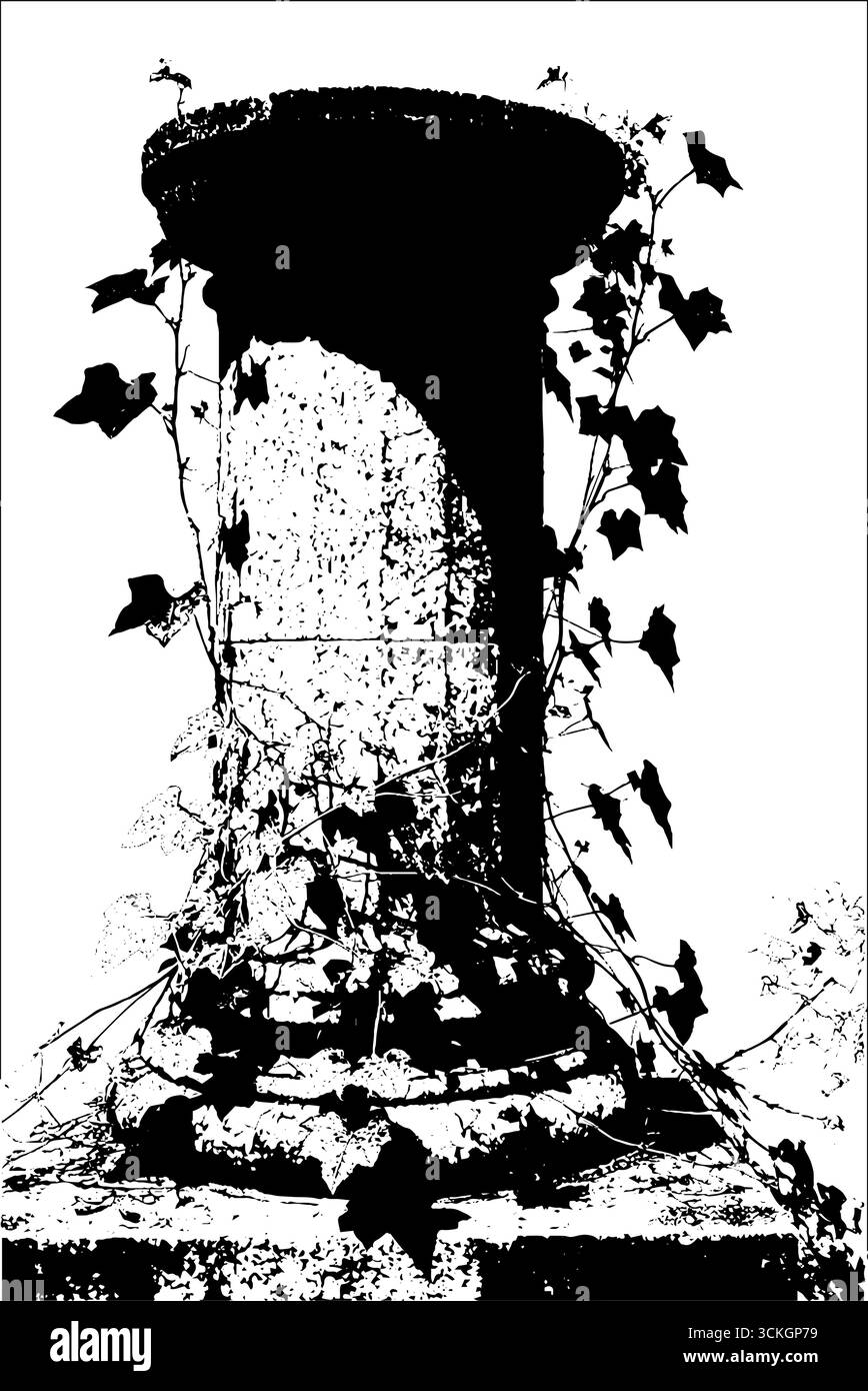 Weathered column wrapped in vines with black and white grunge texture ...