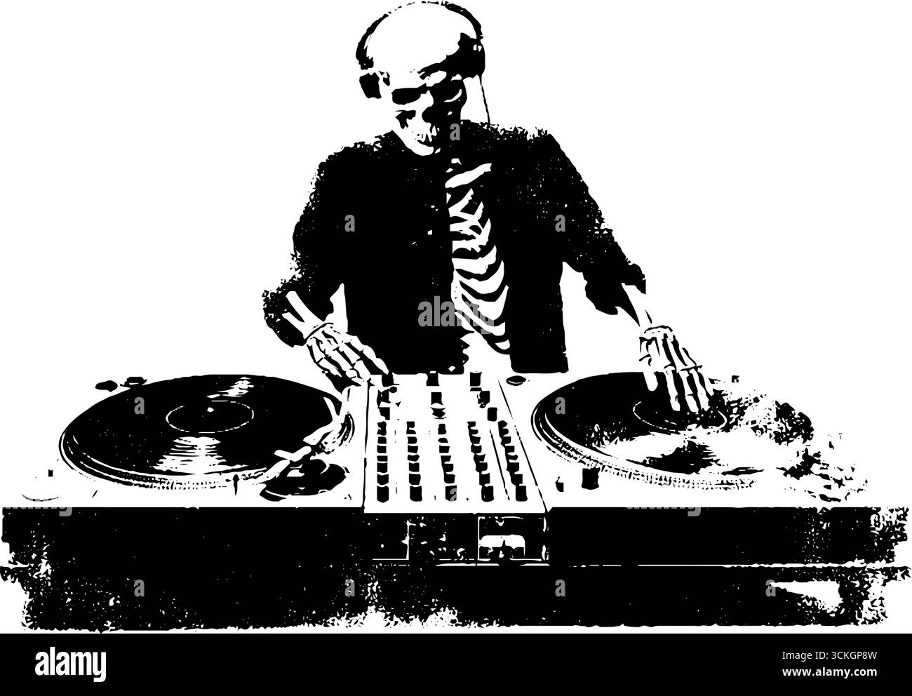 Grunge black and white skeleton dj illustration for urban art and ...