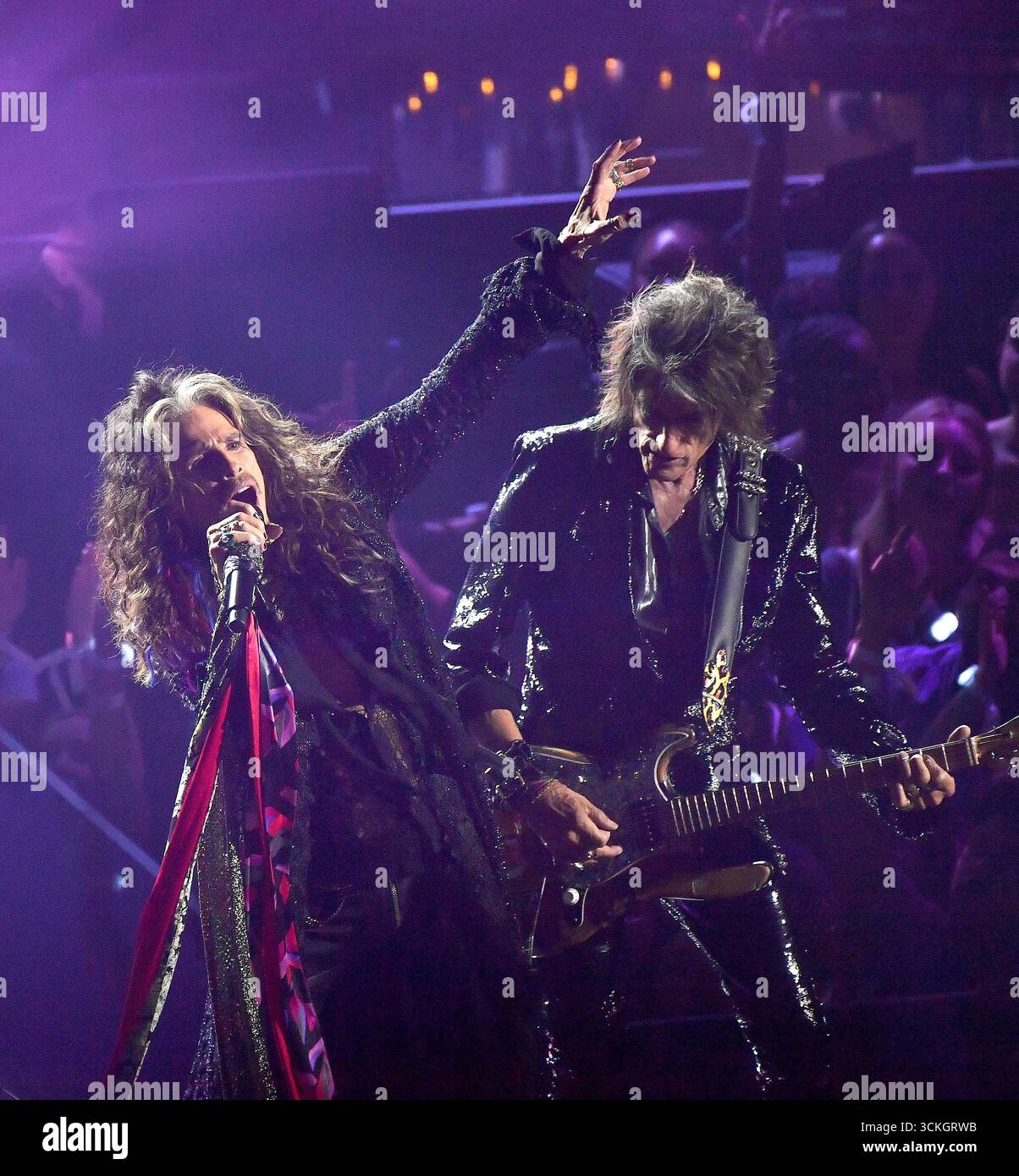 Steven Tyler and Joe Perry of Aerosmith perform during the Ozzy Osbourne tribute onstage during ...