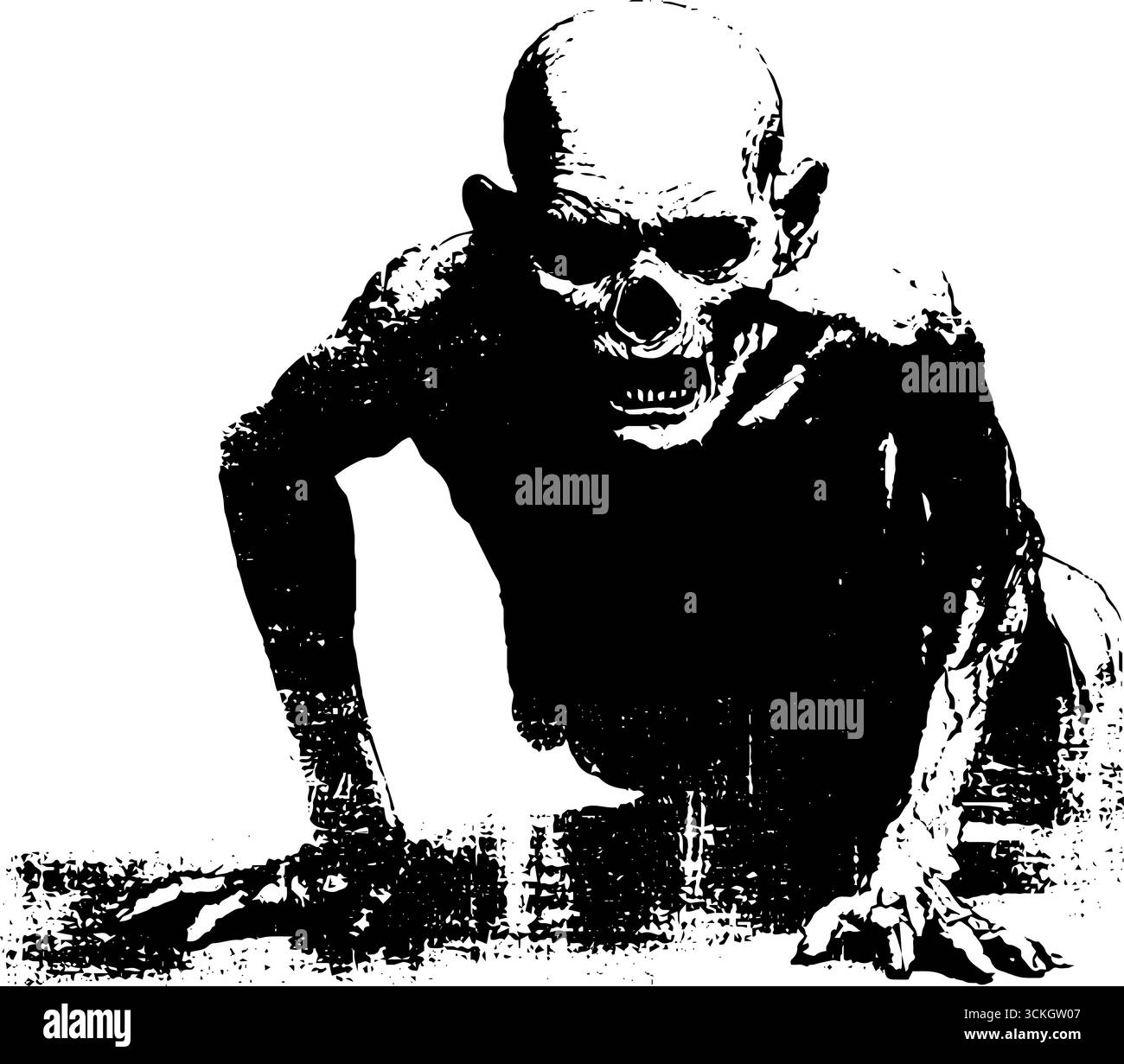 Creepy zombie creature in grunge black and white design for horror ...