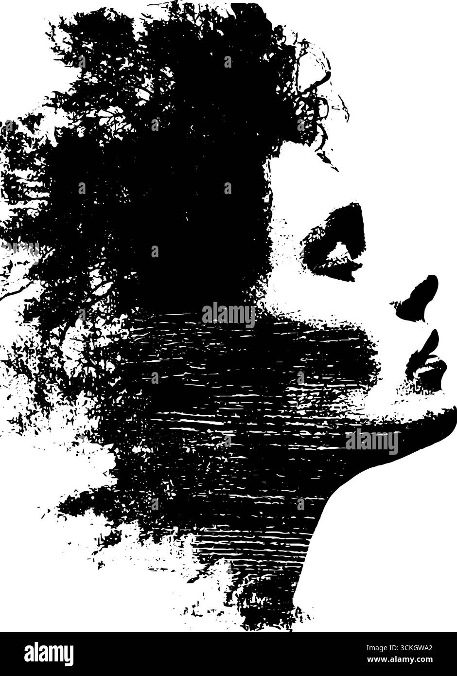 Grunge black and white profile of zombie silhouette for urban art and ...