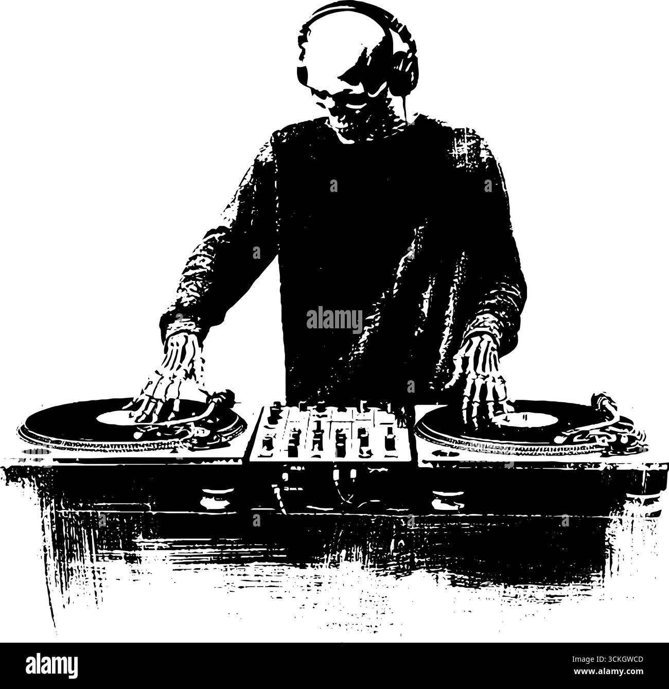 Grunge black and white skeleton dj mixing music with turntables for ...