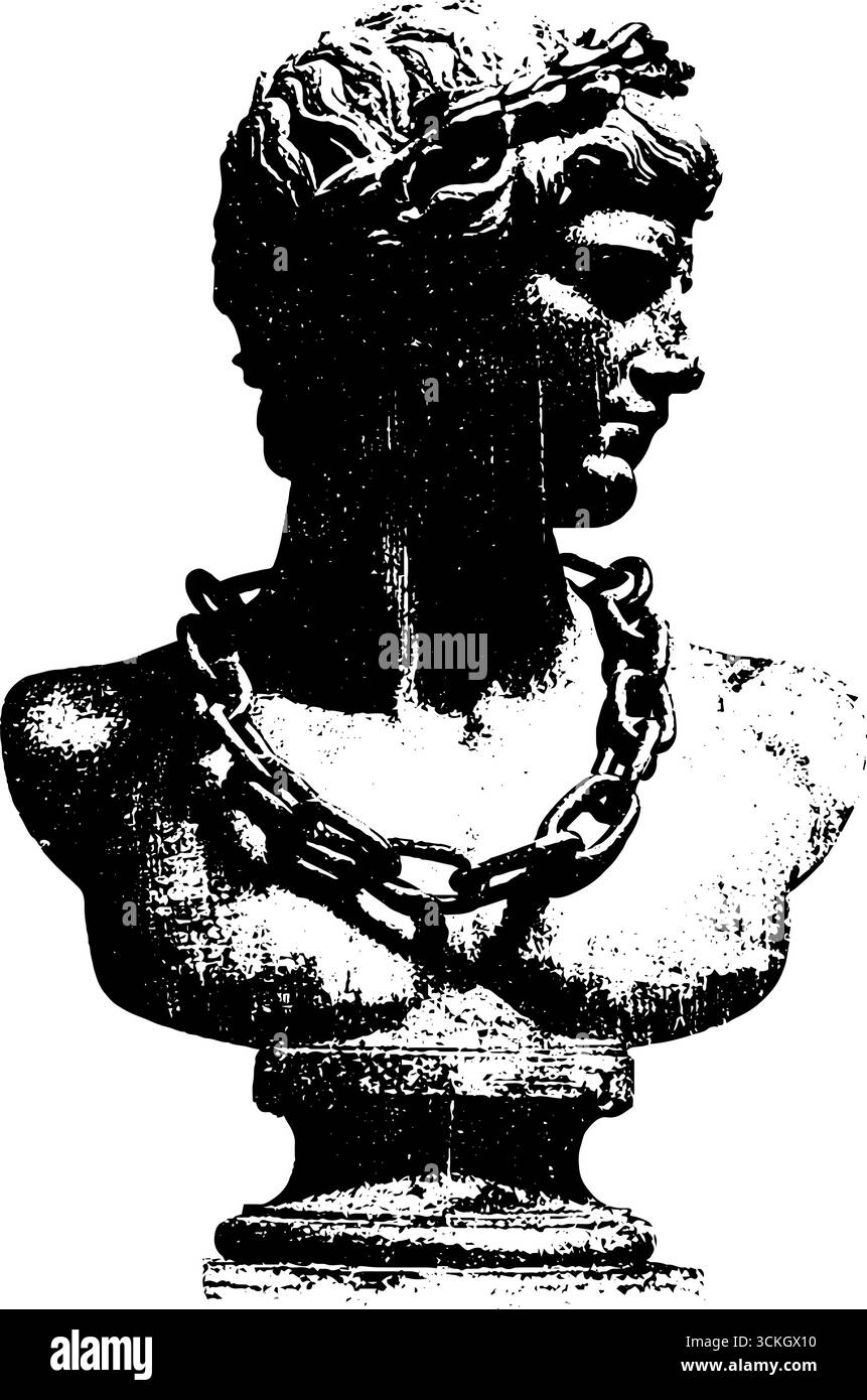 Vintage grunge black and white illustration of a classic statue bust ...