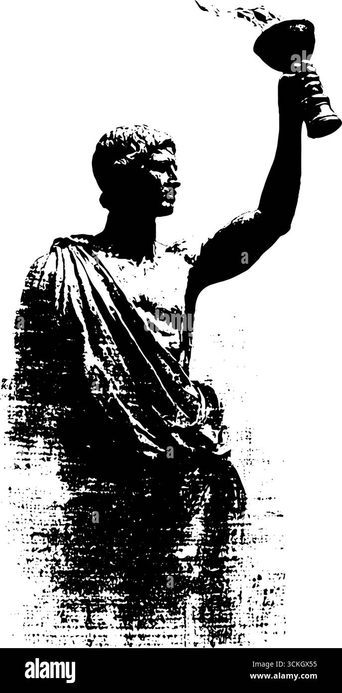 Grunge black and white silhouette of classical statue holding torch ...