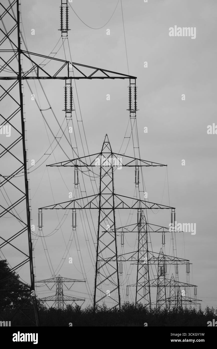 View of multiple electricity pylons and transmission lines in the ...