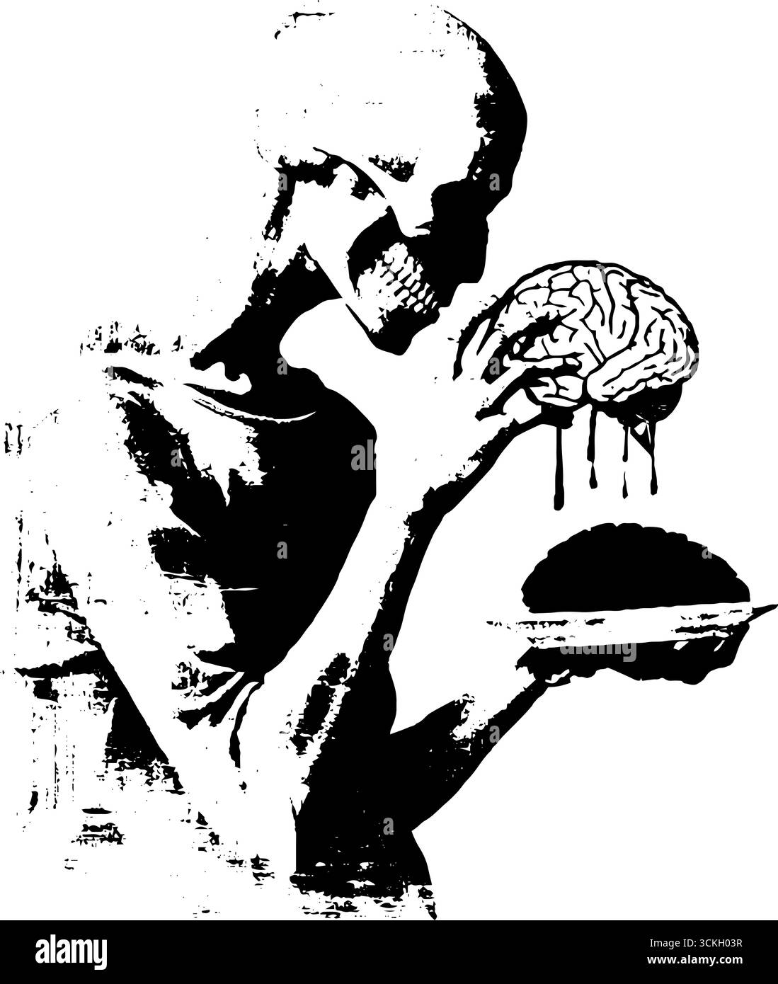 Grunge black and white zombie art with brain symbolizing halloween ...