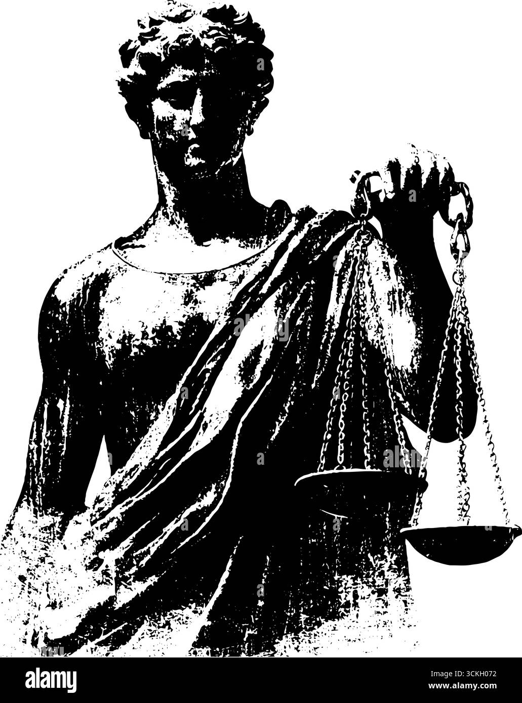 Grunge black and white illustration of justice statue holding scales of ...