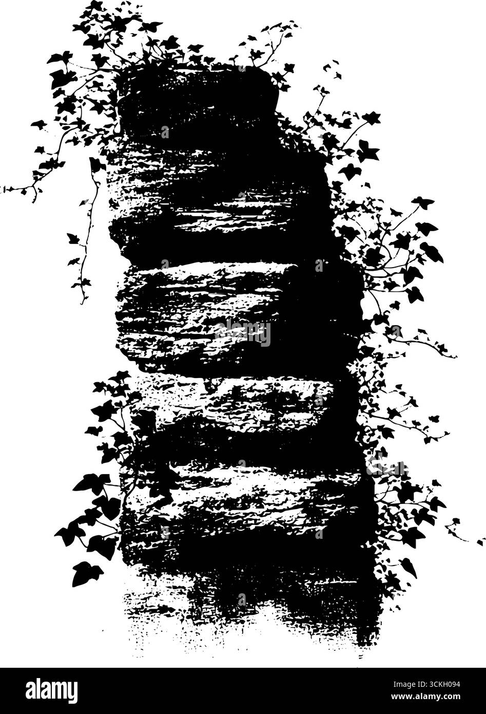 Grunge black and white illustration of weathered stone column with ivy ...
