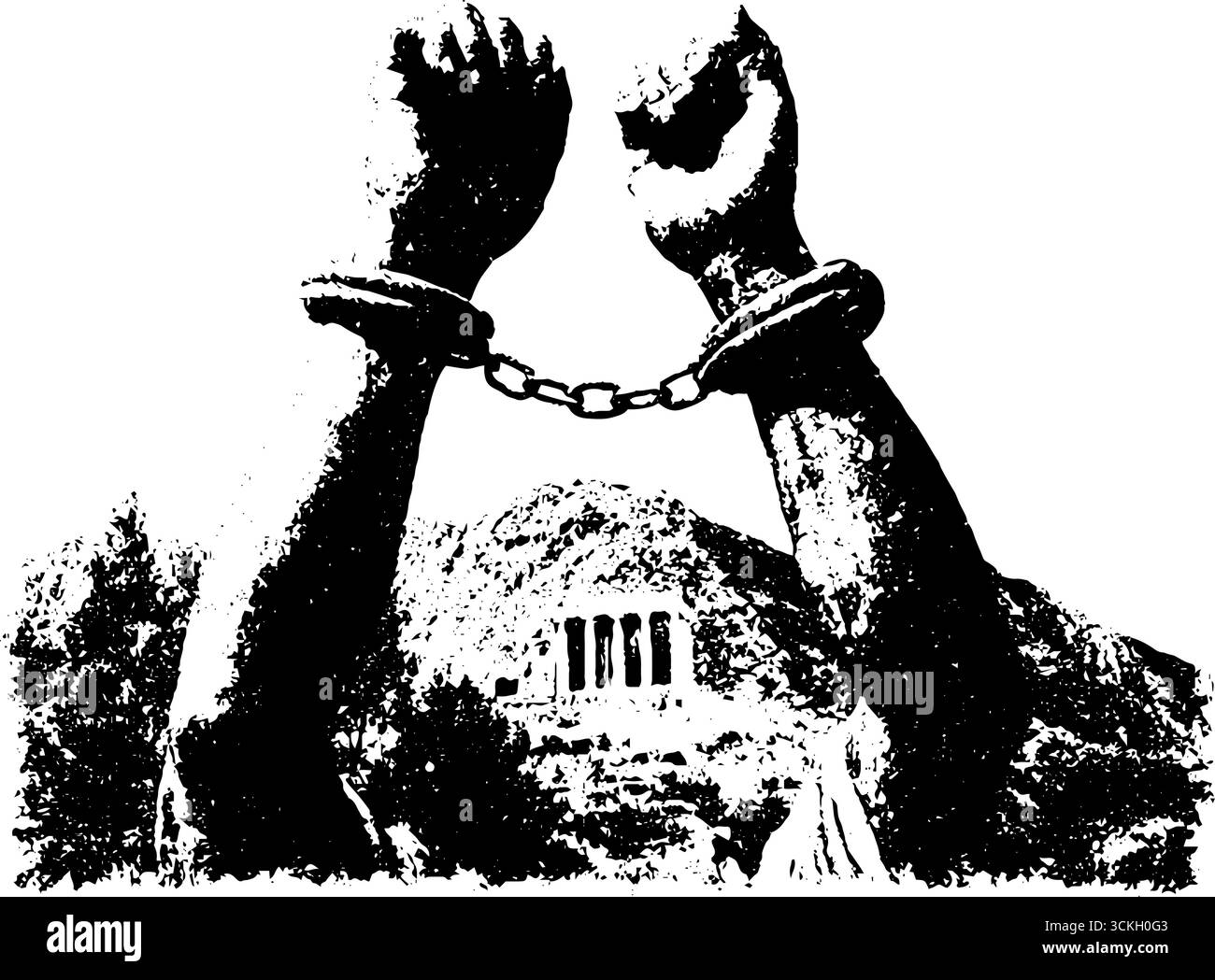 Grunge black and white stencil of raised fists in chains against stone ...