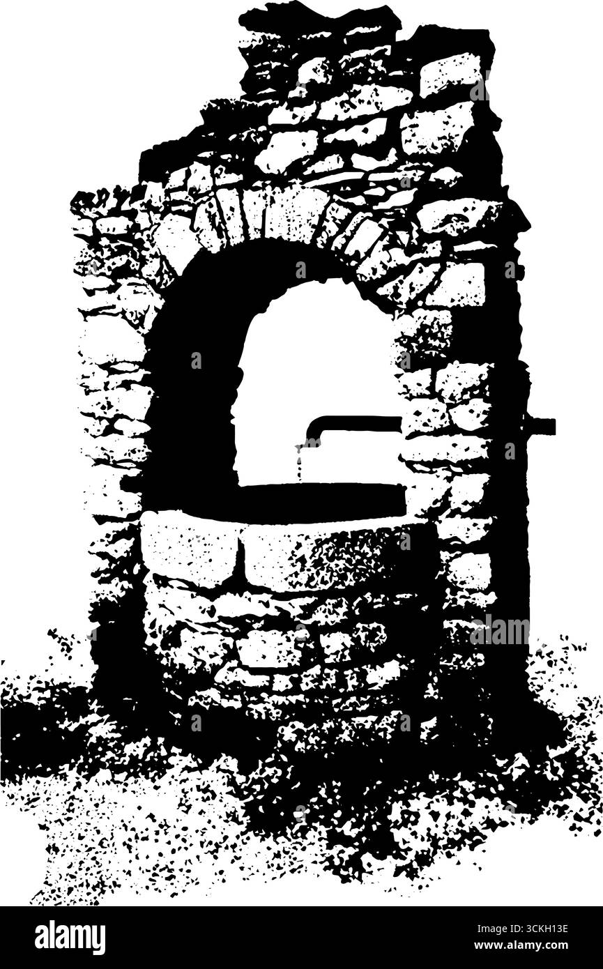 High contrast black and white stone well stencil for vintage design ...