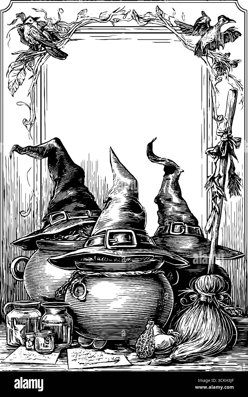 Mystical witchcraft scene with hats and cauldrons in vintage engraving ...