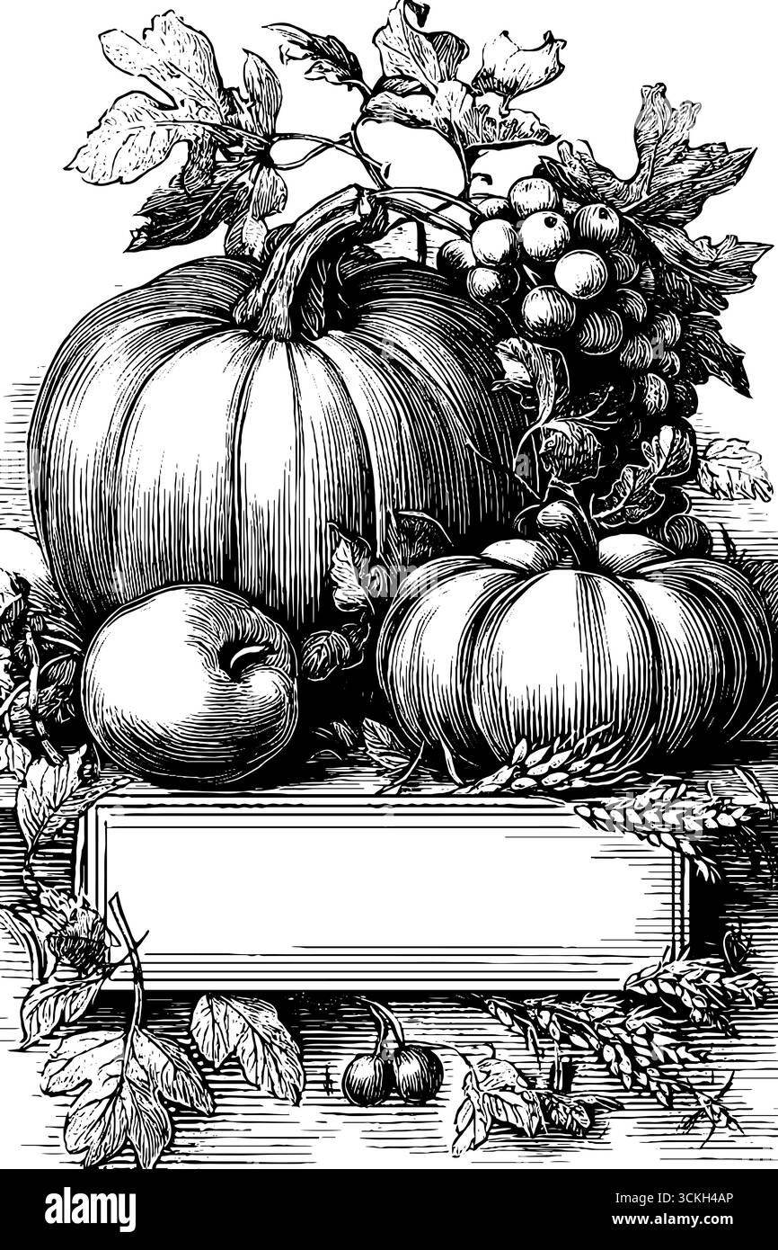 Vintage autumn harvest design featuring pumpkins, grapes, and apples ...