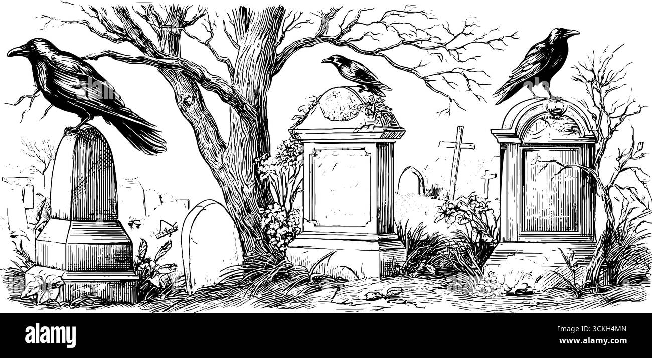 Intricate cemetery scene with crows and tombstones in vintage hand ...